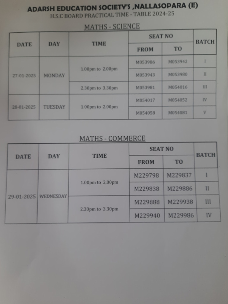 Adarsh Education Society's HSC BOARD PRACTICAL AND ORAL TIMETABLE | PDF