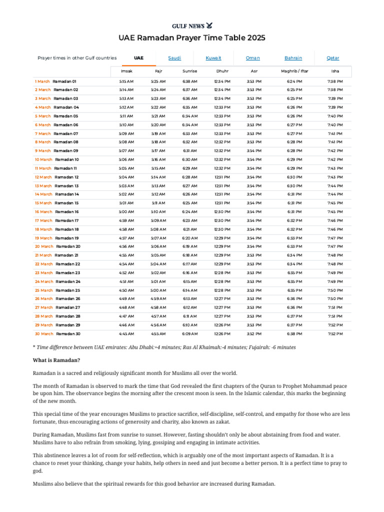 Ramadan 2025 Prayer Timetable UAE | PDF | Ramadan | Semitic Words And ...