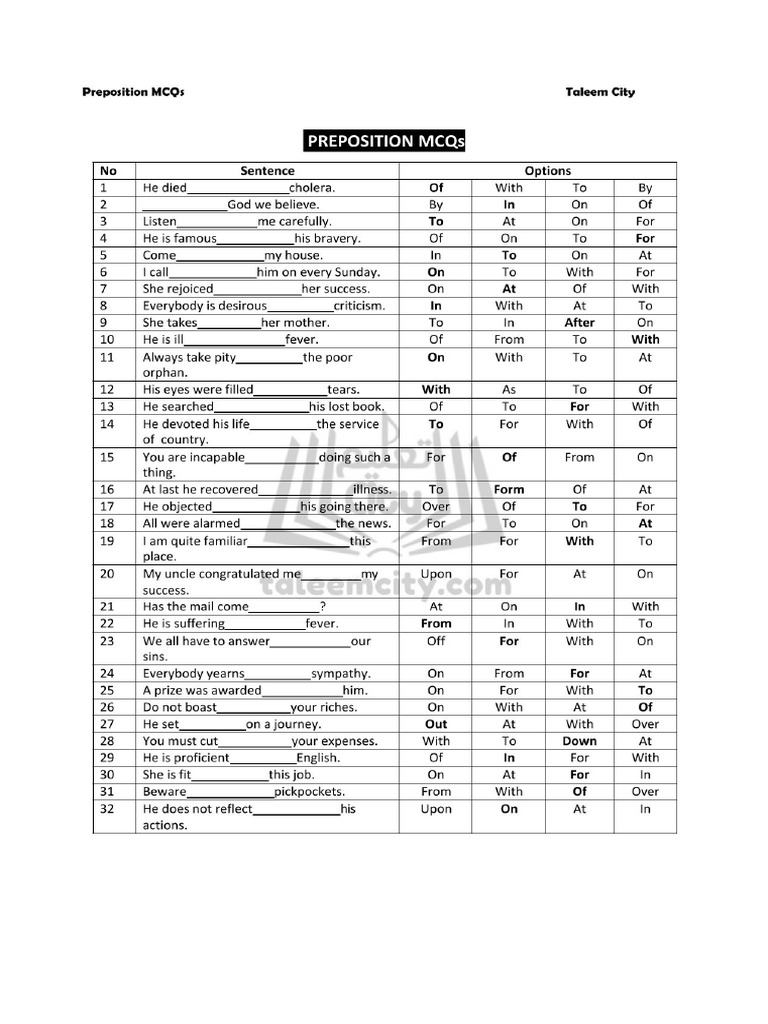 12th PREPOSITION MCQs | PDF