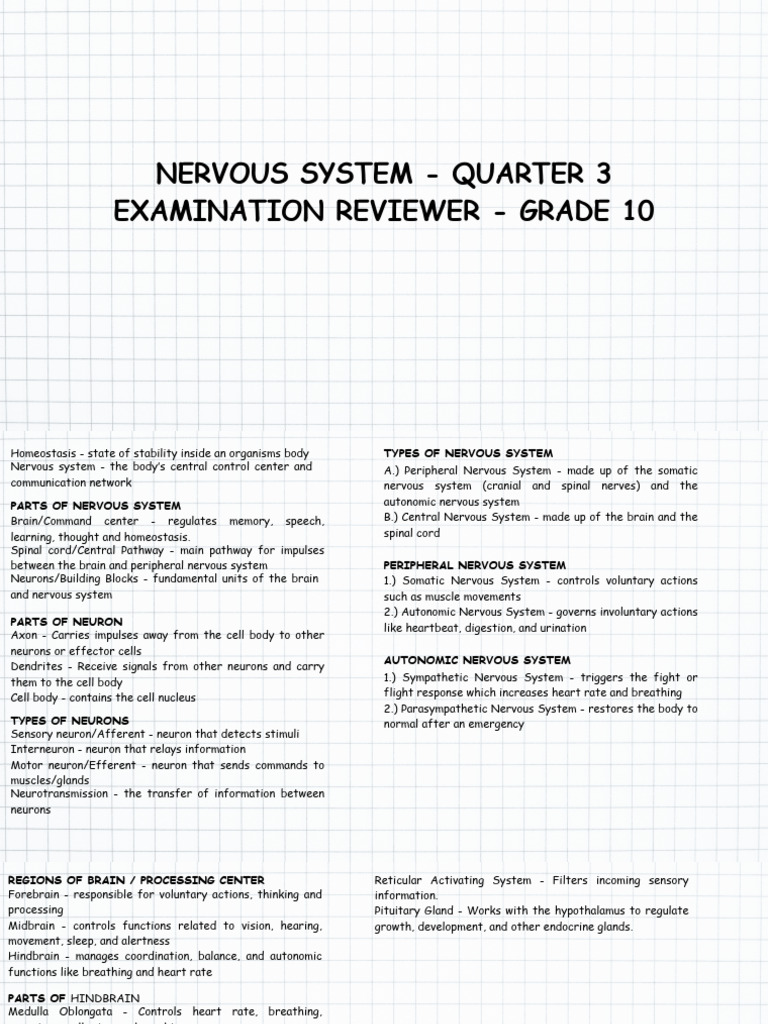 Science Reviewer Q3 Examination Grade 10 | PDF | Nervous System ...