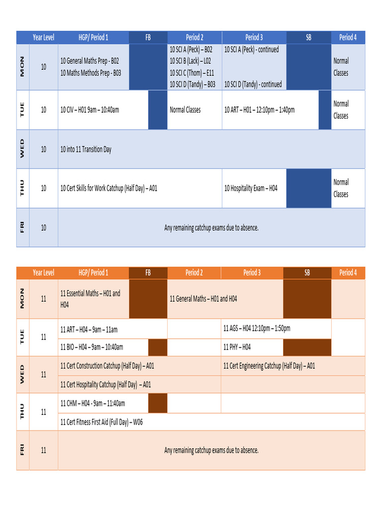 Exam Block Year 10 and 11 | PDF