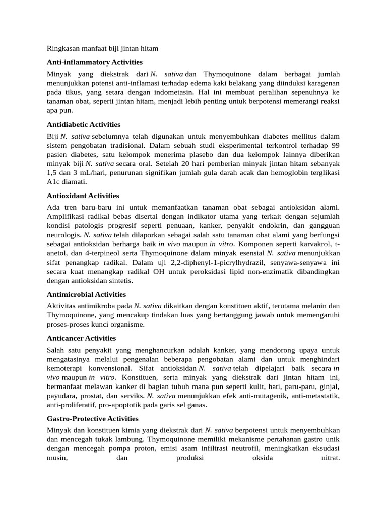 Ringkasan Manfaat Biji Jintan Hitam | PDF