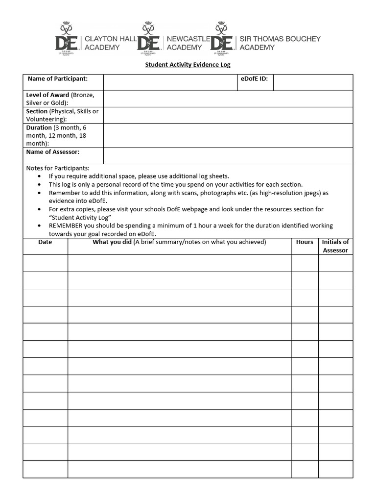 DofE Student Activity Evidence Log All Sections | PDF