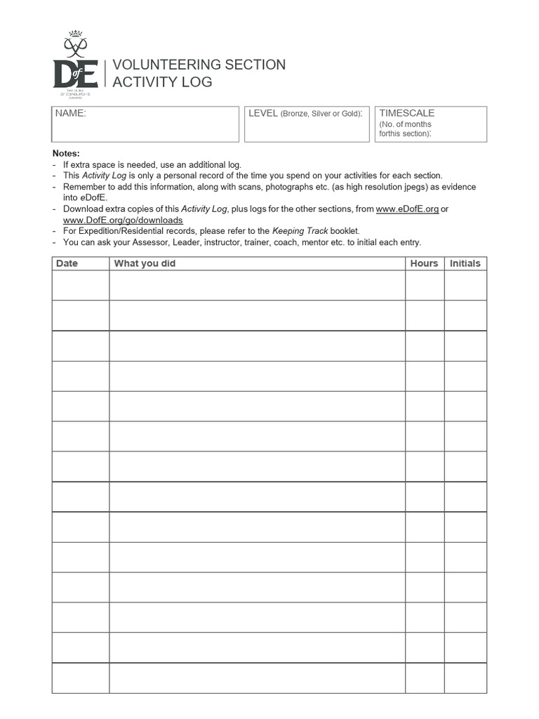 DofE Volunteering Activity Log Template | PDF