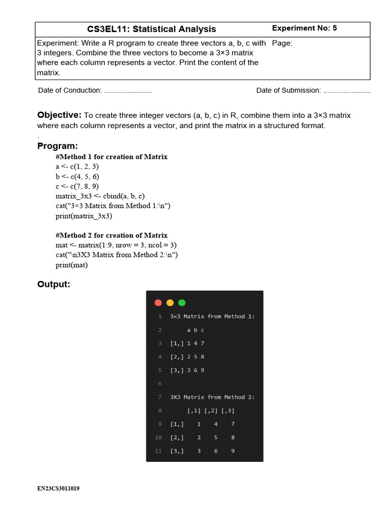 CS3EL11: Statistical Analysis: #Method 1 For Creation of Matrix | PDF