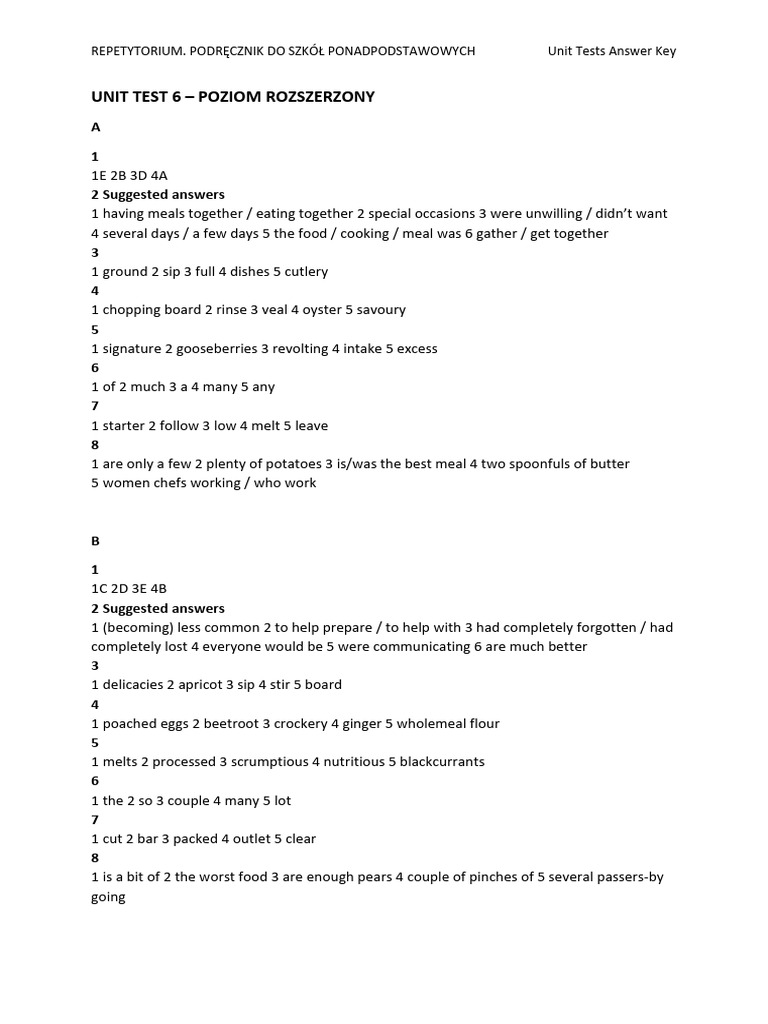 Unit Test 6 Answer Key for Advanced Level | PDF