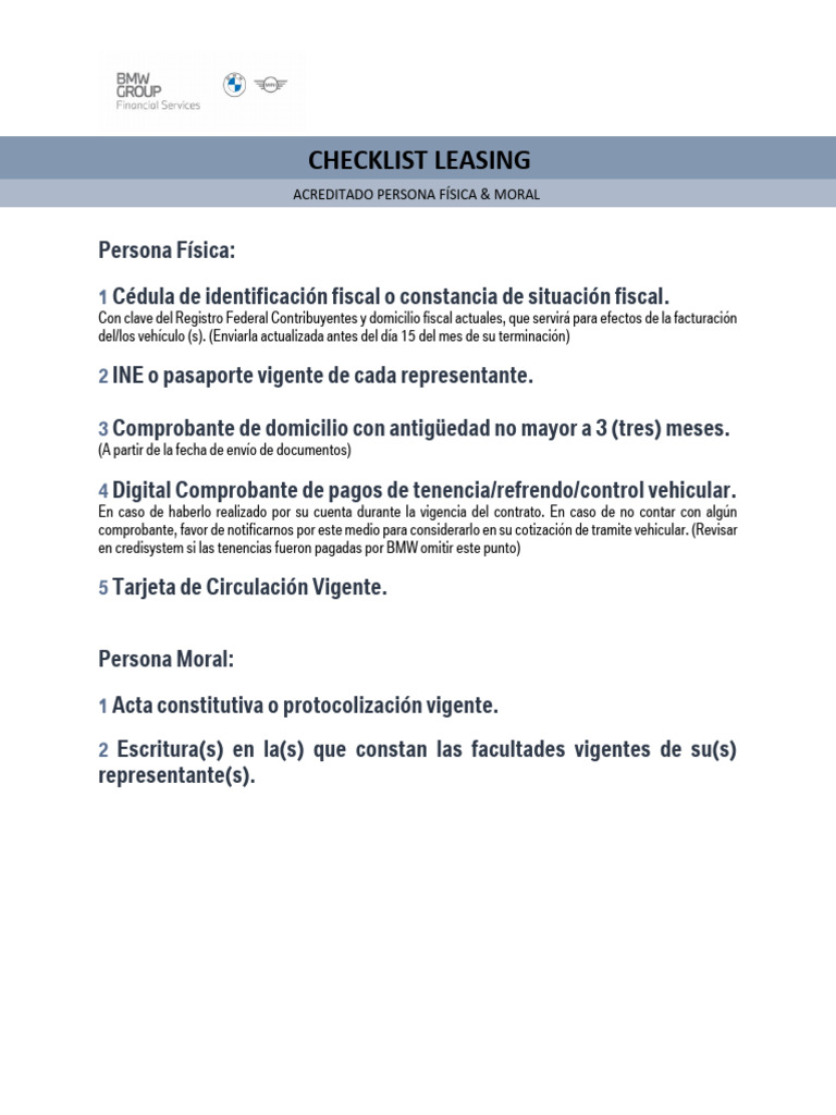 Checklist Leasing - BMW | PDF