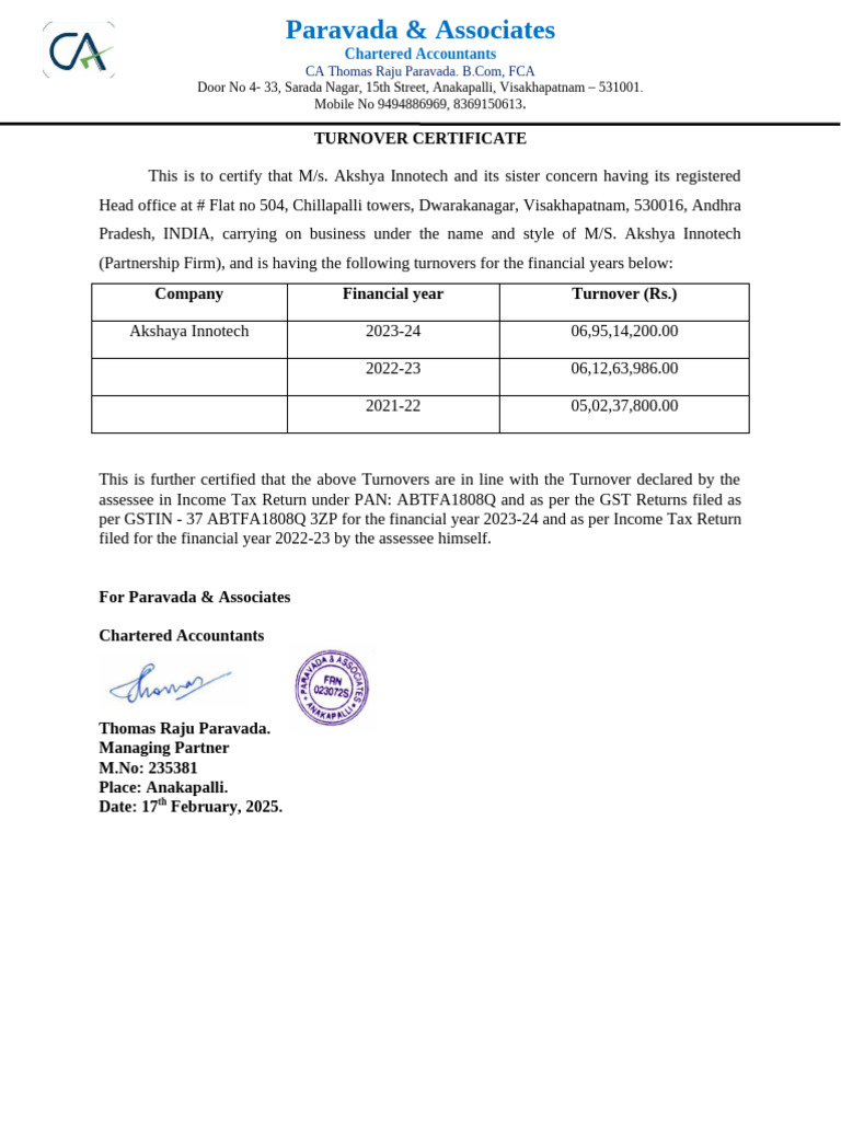 Akshya Innotech Turnover Certificate | PDF