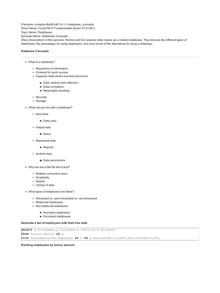 Comptia Itfunfc0u61!6!1 1 Database Concepts | PDF