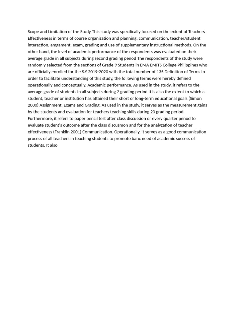 Scope and Limitation of The Study This Study Was Specifically Focused ...