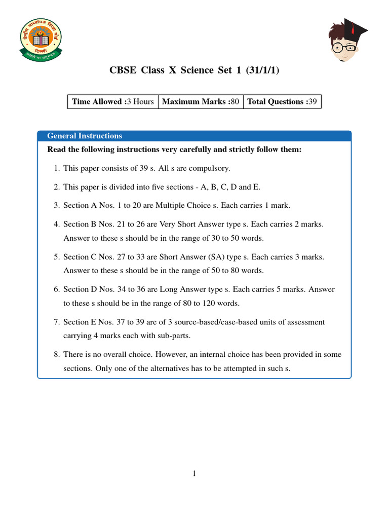 CBSE Class 10 Science Question Paper 2024 Set 1 31-1-1 | PDF ...