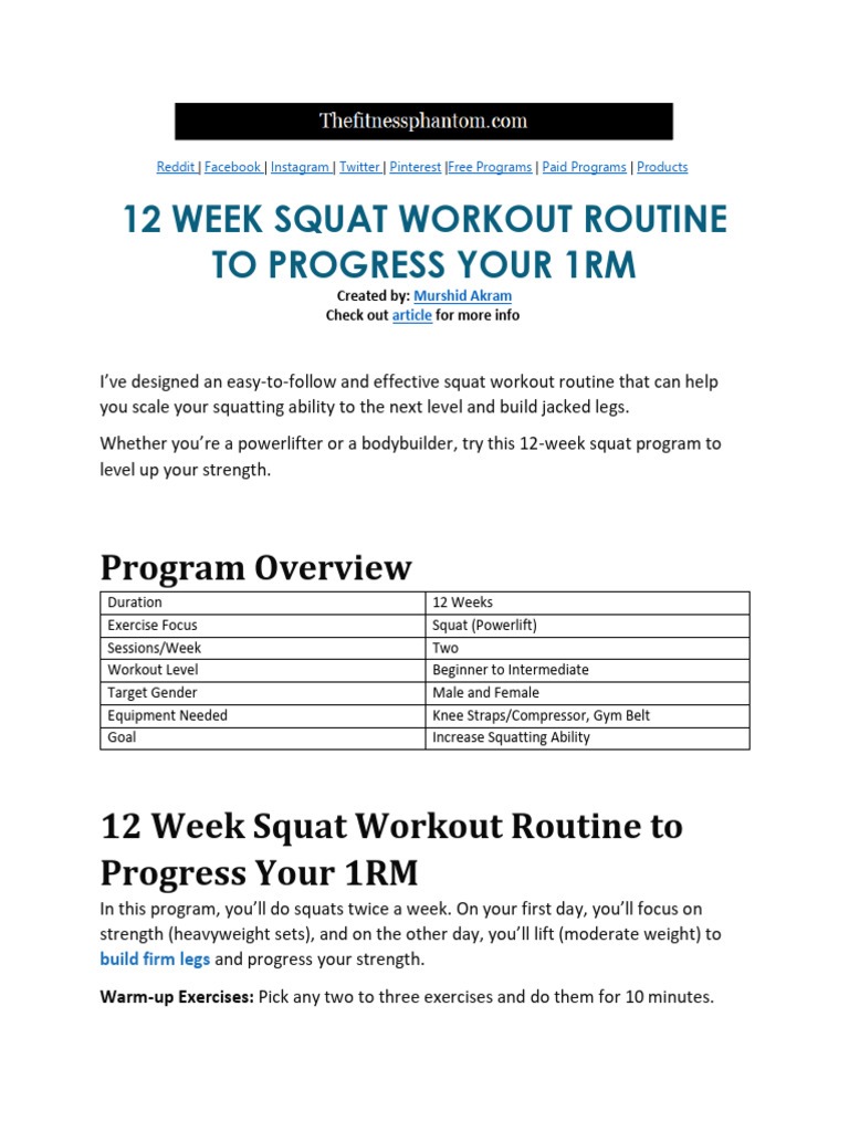 12-Week Squat Program for 1RM Progress | PDF | Physical Exercise | Weight Training
