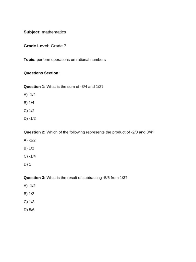 Grade 7 Rational Number Operations | PDF | Algebra | Division (Mathematics)