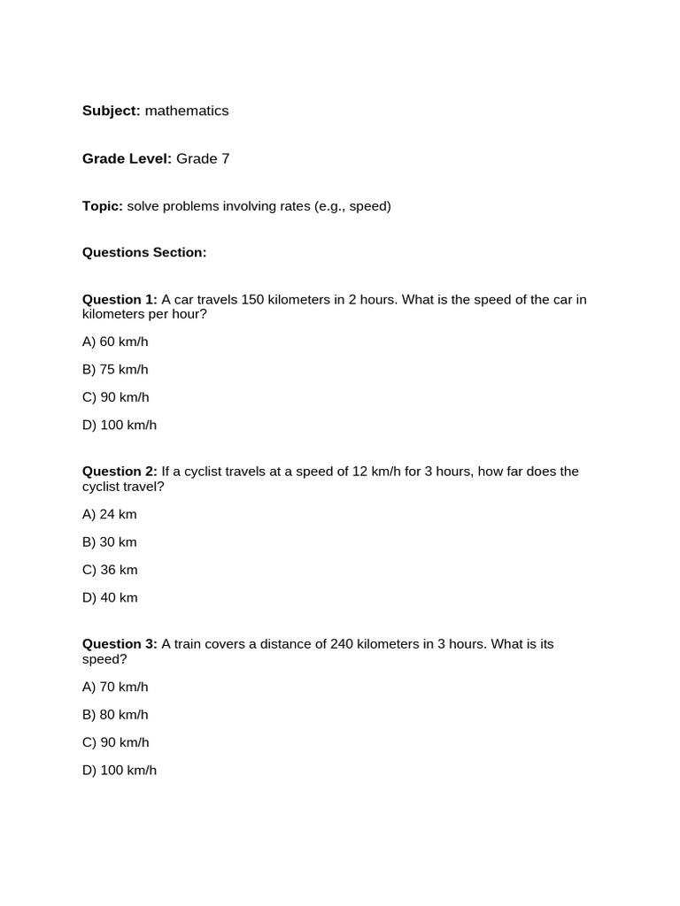 Grade 7 Speed and Distance Problems | PDF | Speed | Swimming (Sport)