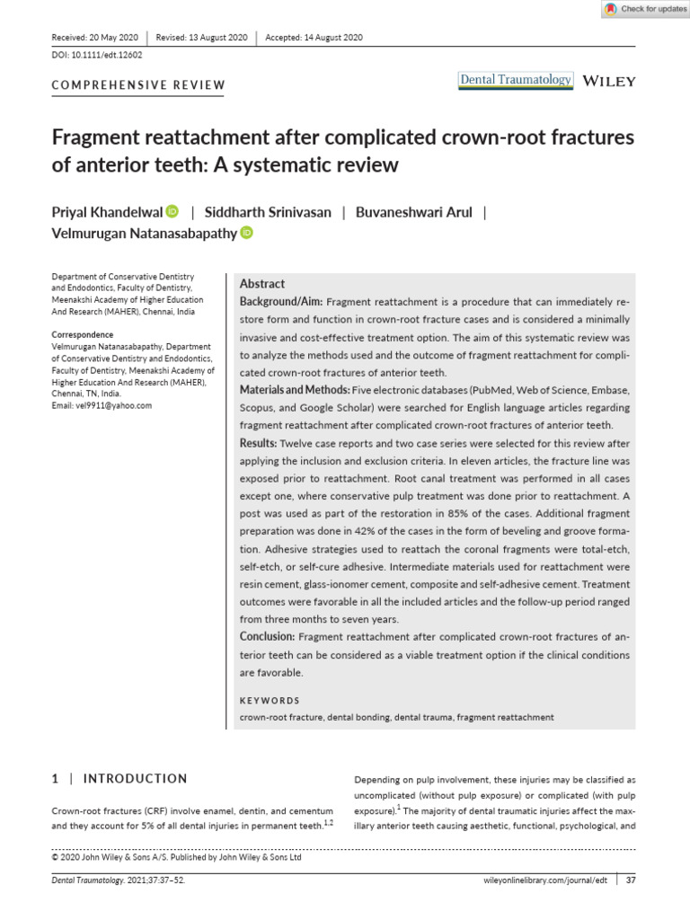 Dental Traumatology - 2020 - Khandelwal - Fragment Reattachment After ...
