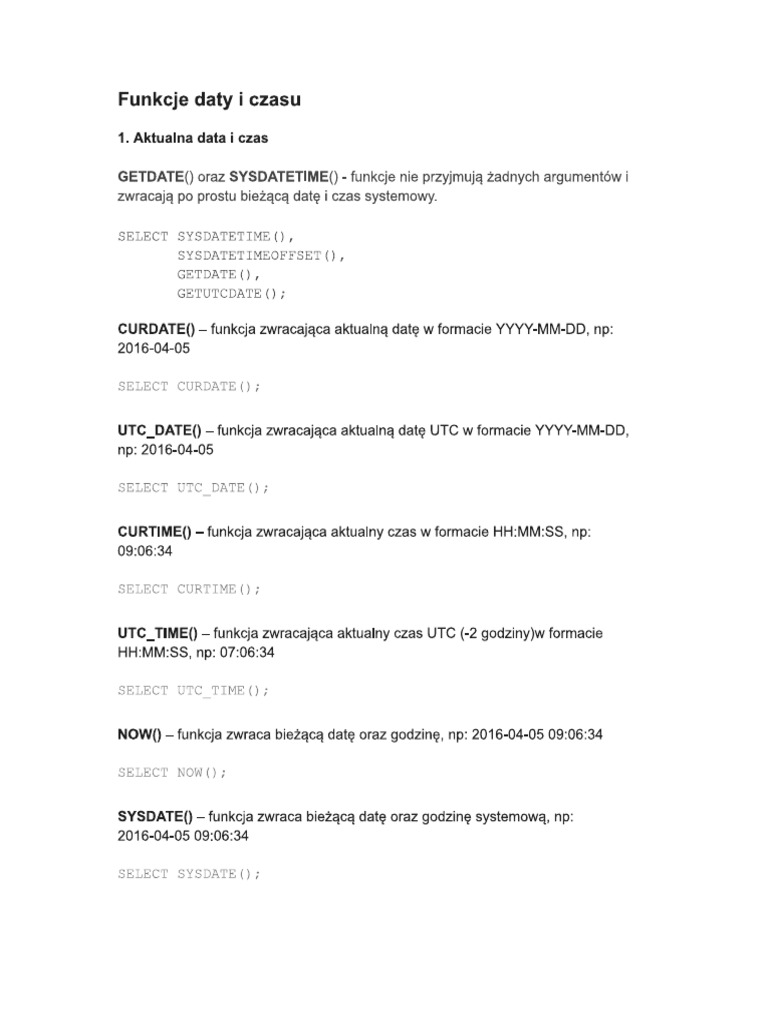 SQL Funkcje Daty i Czasu | PDF
