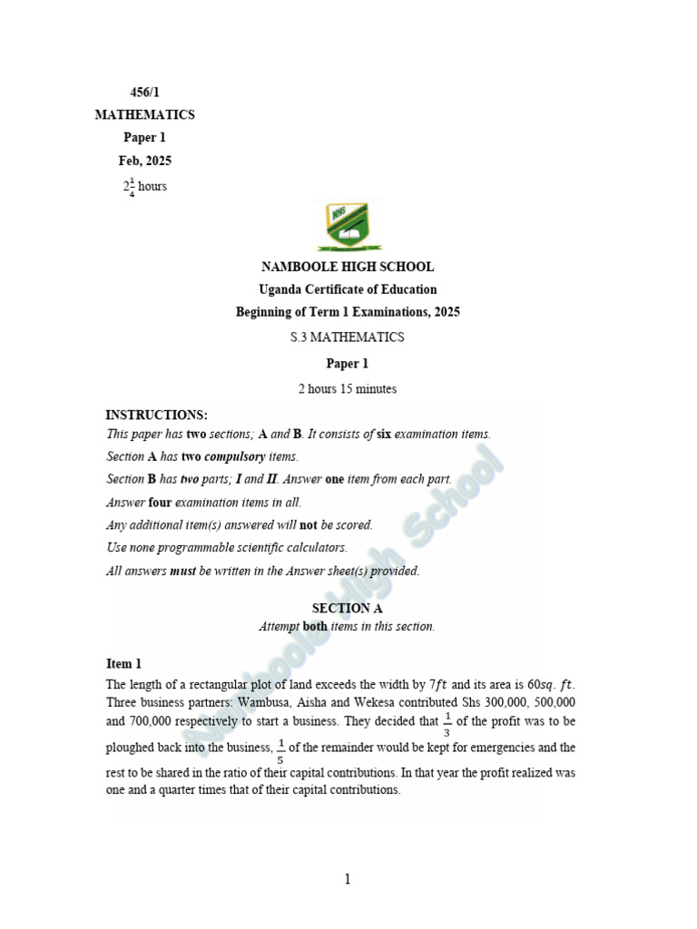 S.3 Maths Bot 1, 2025 Exam | PDF | Area