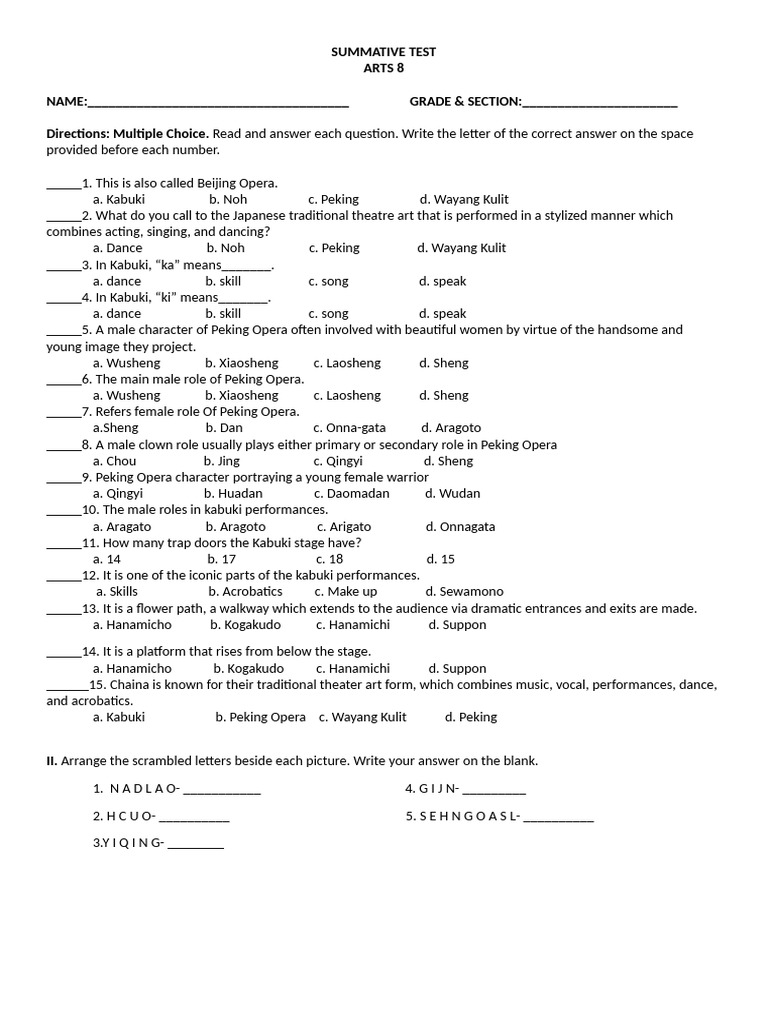 SUMMATIVE TEST in Arts 8 | PDF | Performing Arts | Theatre