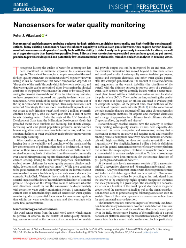 Nanosensors For Water Quality Monitoring | PDF | Water Quality | Sensor