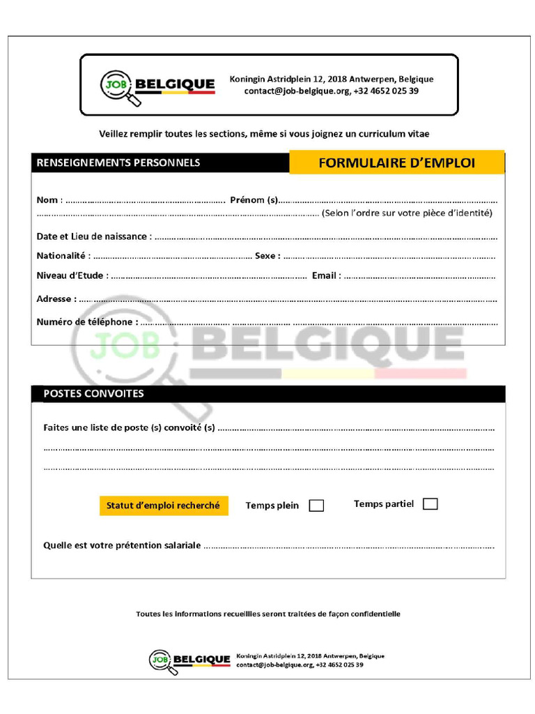 Formulaire Demande Emploi Jobs Belgique | PDF