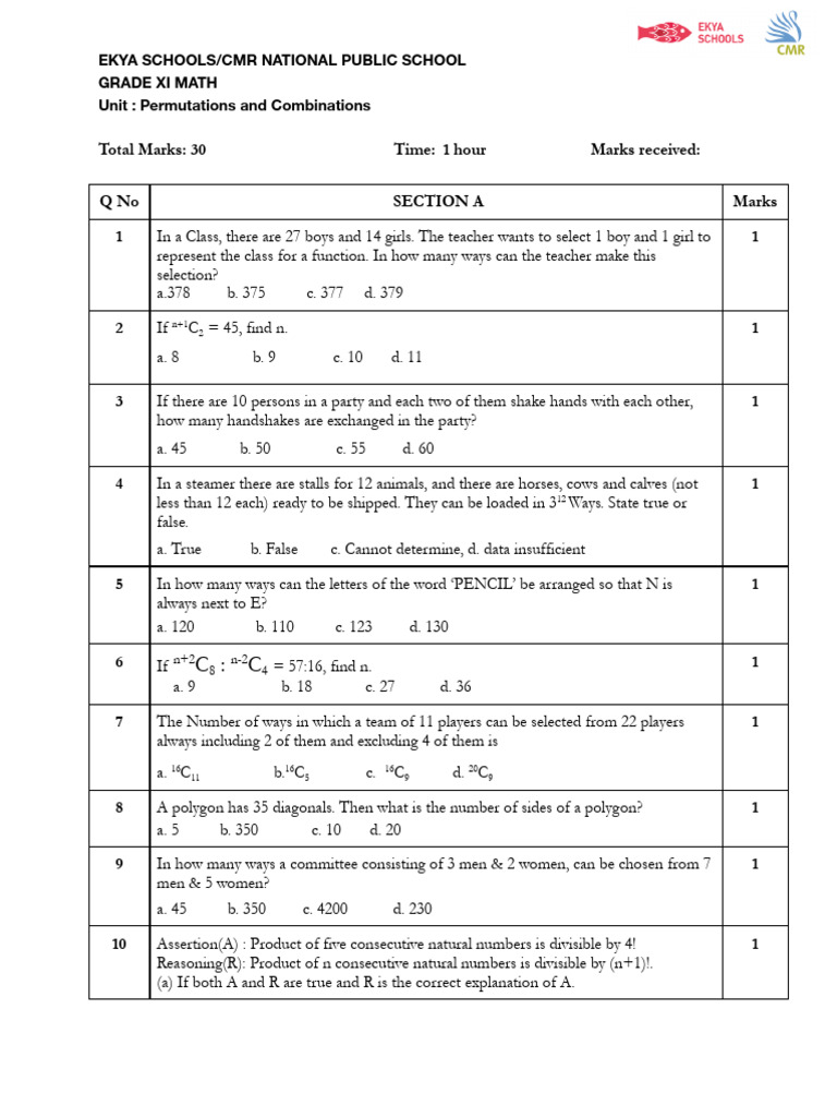 Grade XI Math: Permutations & Combinations Quiz | PDF