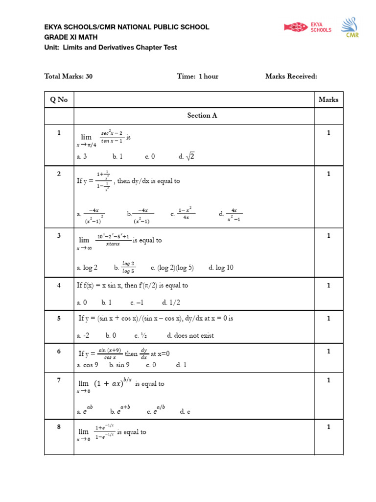 GR XI - Limits and Derivatives Chapter Test | PDF | Function ...