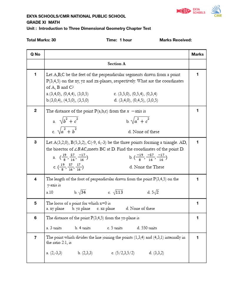 GR XI - Introduction To Three Dimensional Geometry Chapter Test | PDF ...