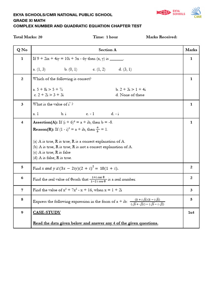 Grade XI - Complex Numbers & Quadratic Equations Chapter Test | PDF ...