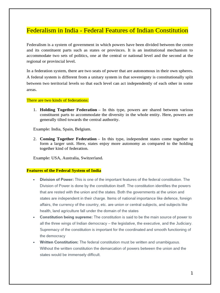 Indian Federalism Explained | PDF | Federation | Federalism