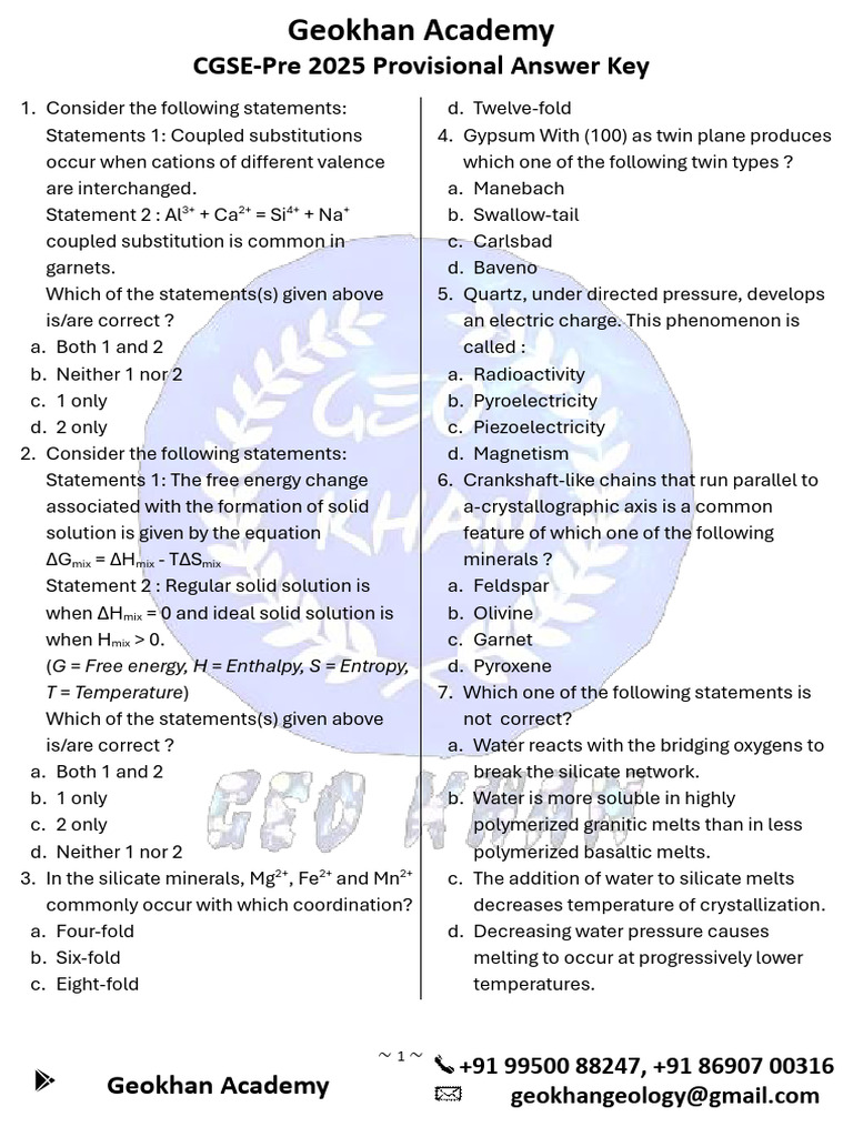 GSI Pre 2025 - Geology - Provisional Answer Key | PDF | Magma | Rock ...