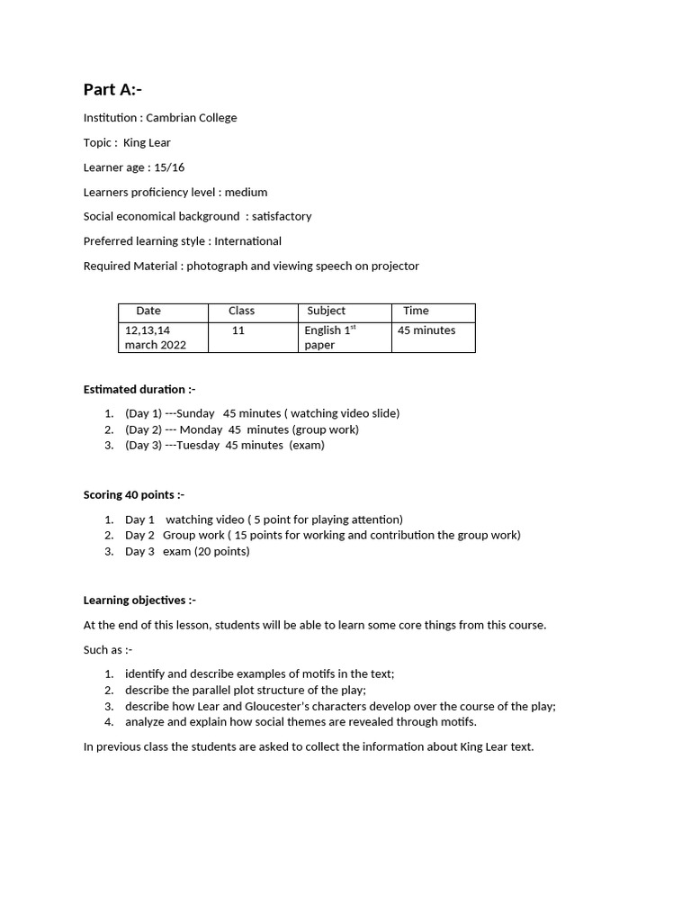 English Reading and Speaking Lesson Plan | PDF | King Lear | Language ...