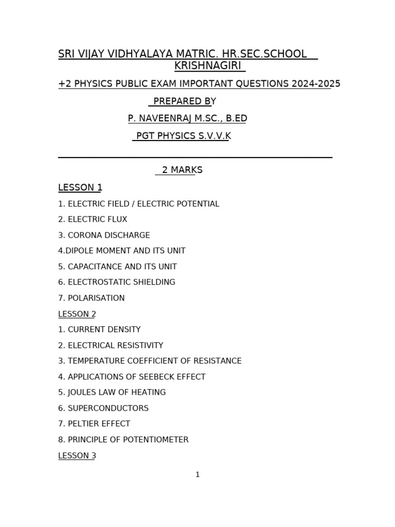 12TH Important Questions PDF | PDF | Electron | Inductor