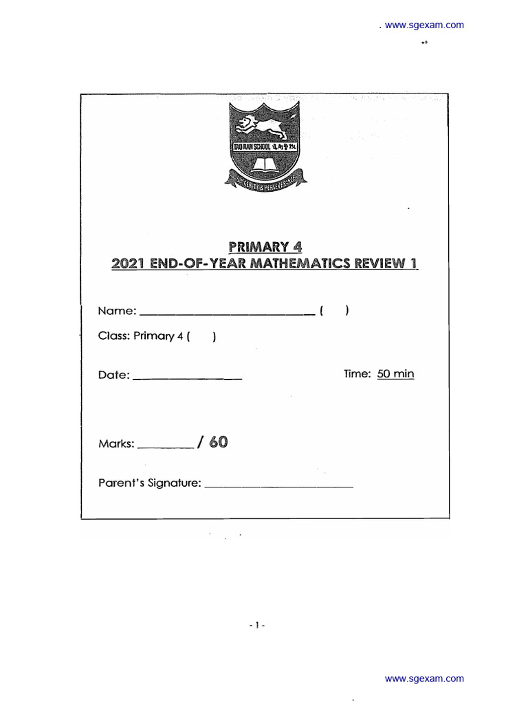 2021-P4-Maths-Semestral Assessment 2-Tao Nan | PDF