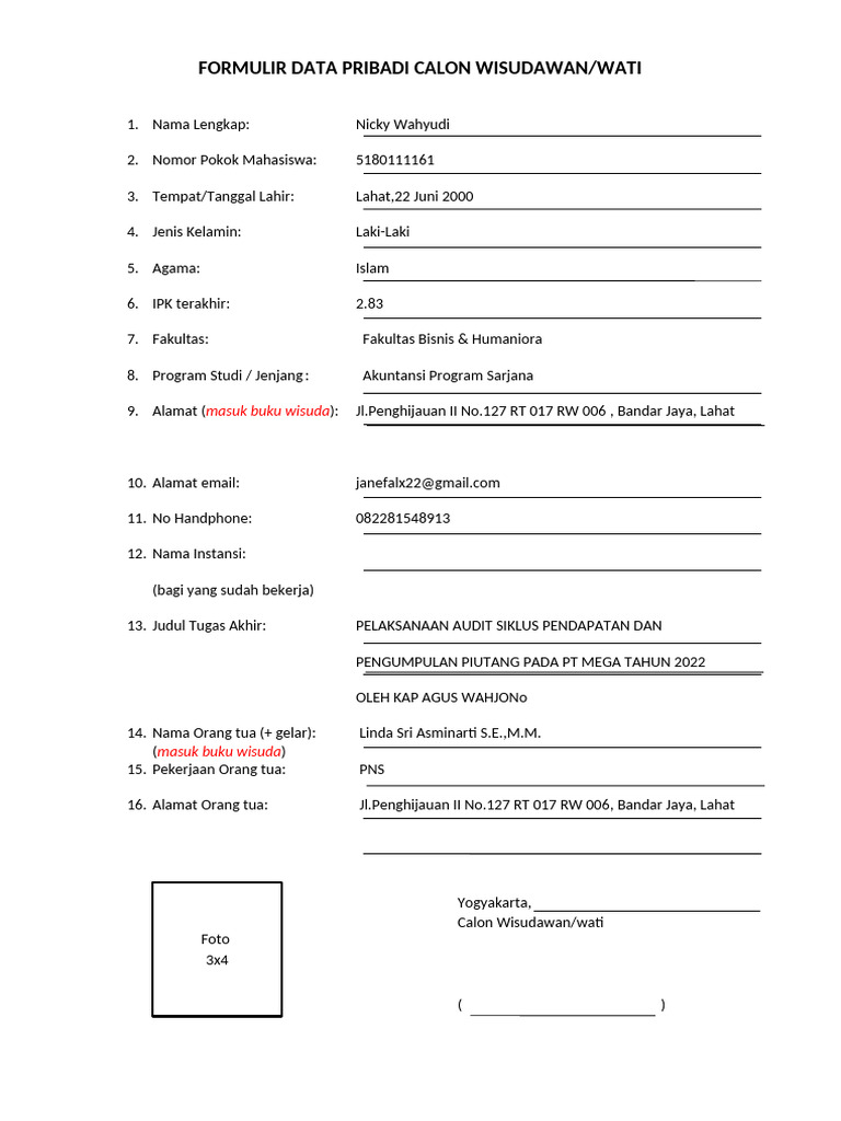 Data Wisudawan Nicky Wahyudi | PDF