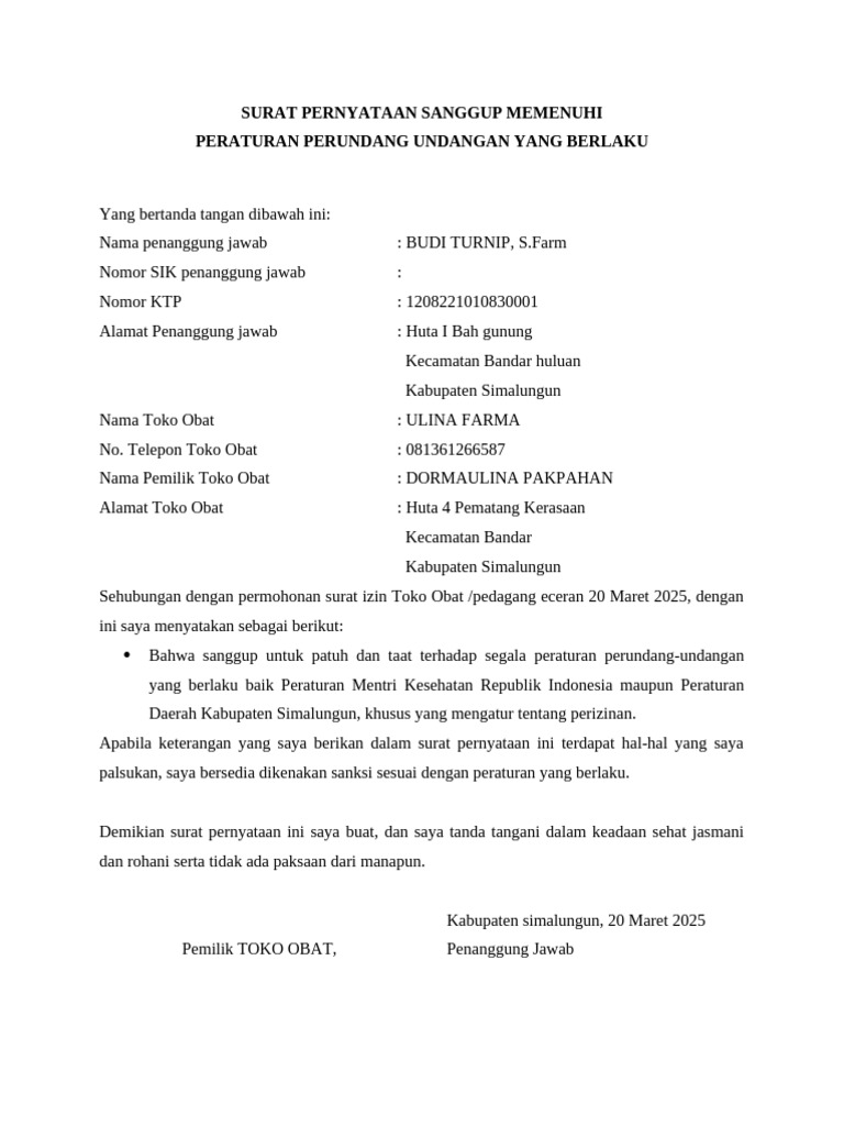 Surat Pernyataan Izin Toko Obat Simalungun | PDF
