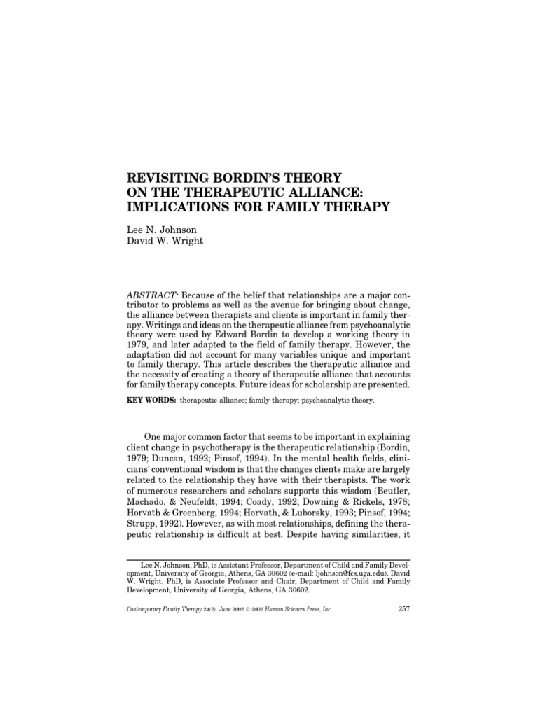 Revisiting Bordins Theoryonthe Therapeutic Alliance Implicationsfor Family Therapy Johnson 2002 ...