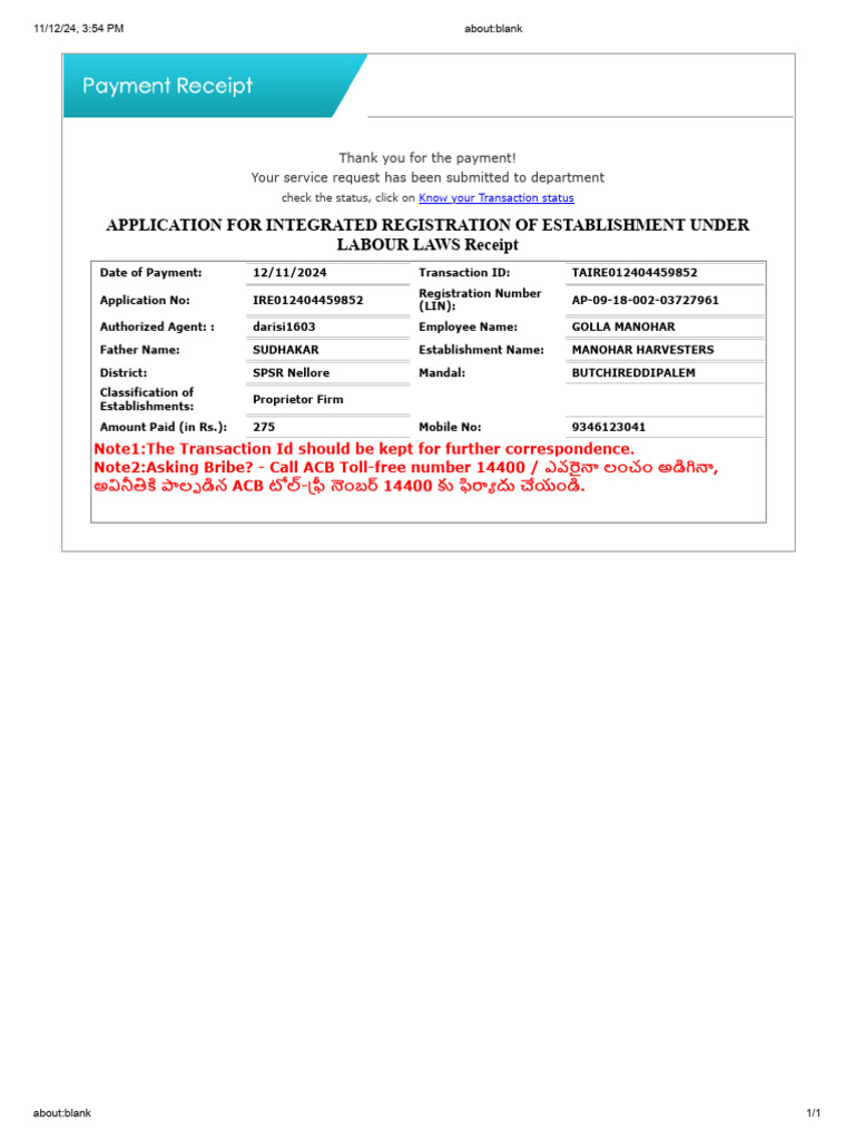 Payment Receipt for Establishment Registration | PDF