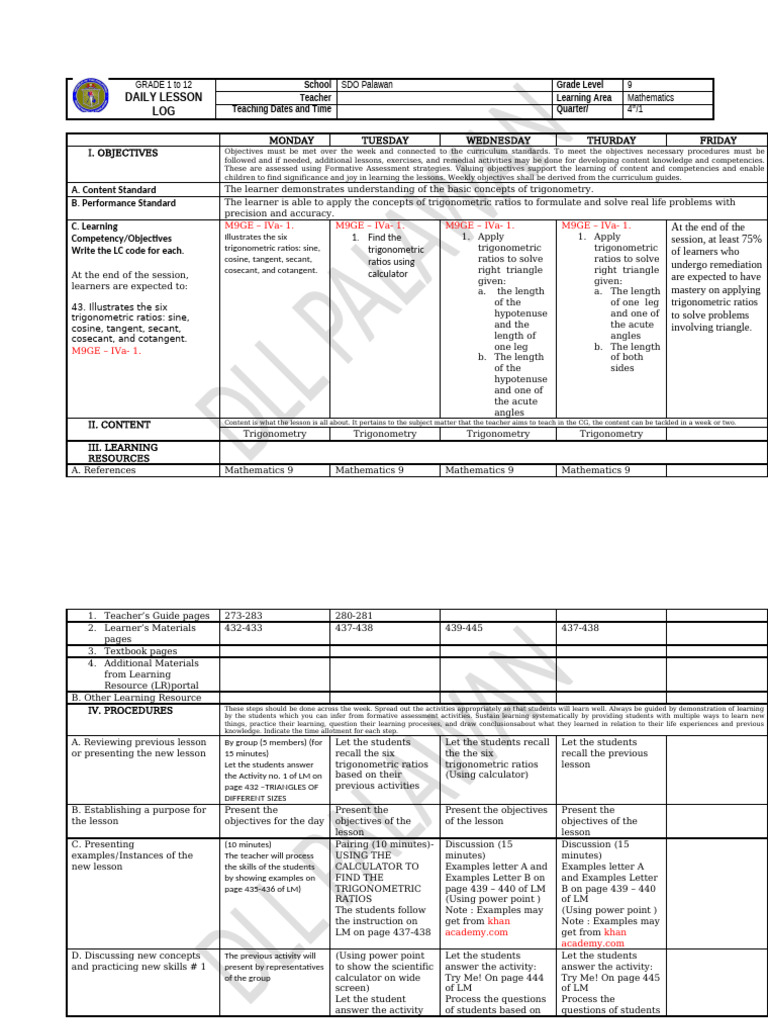 DLL-Math 9-Quarter4-Trigo Ratio and Angle of Elevation and Depression | PDF | Trigonometric ...