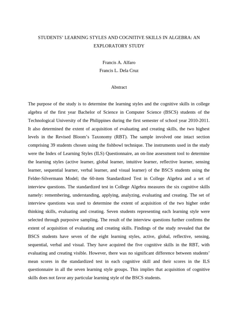 STUDENTSLEARNINGSTYLESANDCOGNITIVESKILLSINALGEBRAANEXPLORATORYSTUDY | PDF | Learning Styles ...