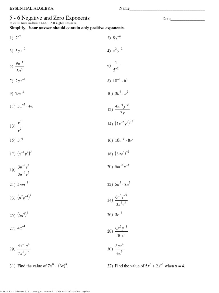 5 - 6 Negative and Zero Exponents Worksheet | PDF | Mathematics ...