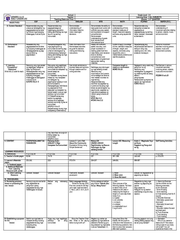 ALL SUBJECTS 2 - Q4 - W1 - Day 3 DLL | PDF