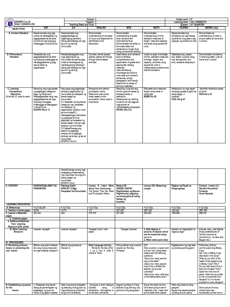 ALL SUBJECTS 2_Q4_W1_Day 4 DLL | PDF