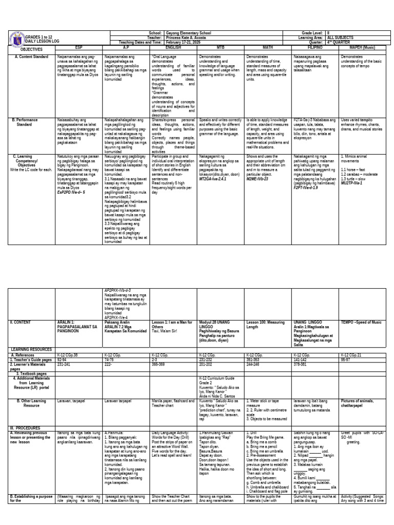 ALL SUBJECTS 2 - Q4 - W1 - Day 1 DLL | PDF