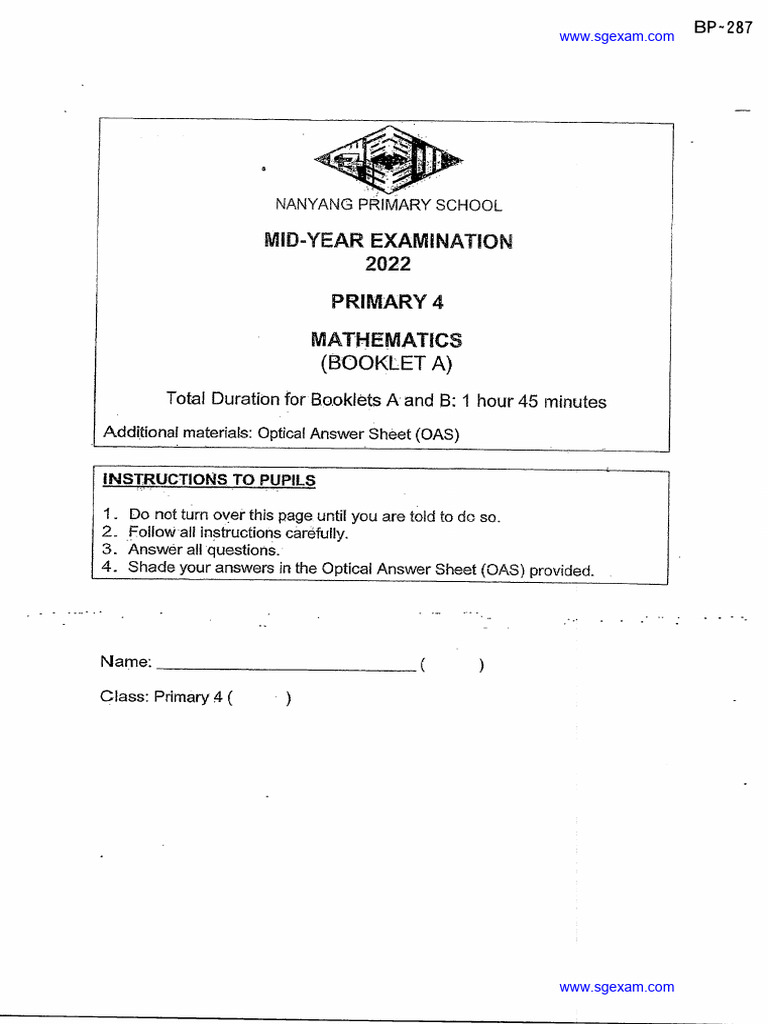 2022 P4 Maths Semestral Assessment 1 Nanyang | PDF