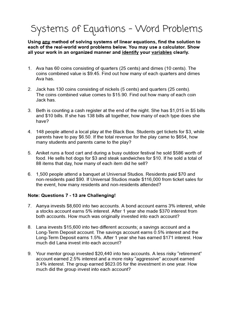 Systems of Linear Equations - Word Problems (Updated and With Solutions ...