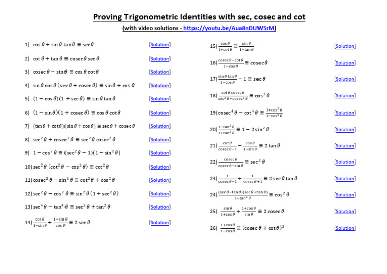6D - Proving Trigonometric Identities with sec, cosec and cot (with video solutions) | PDF