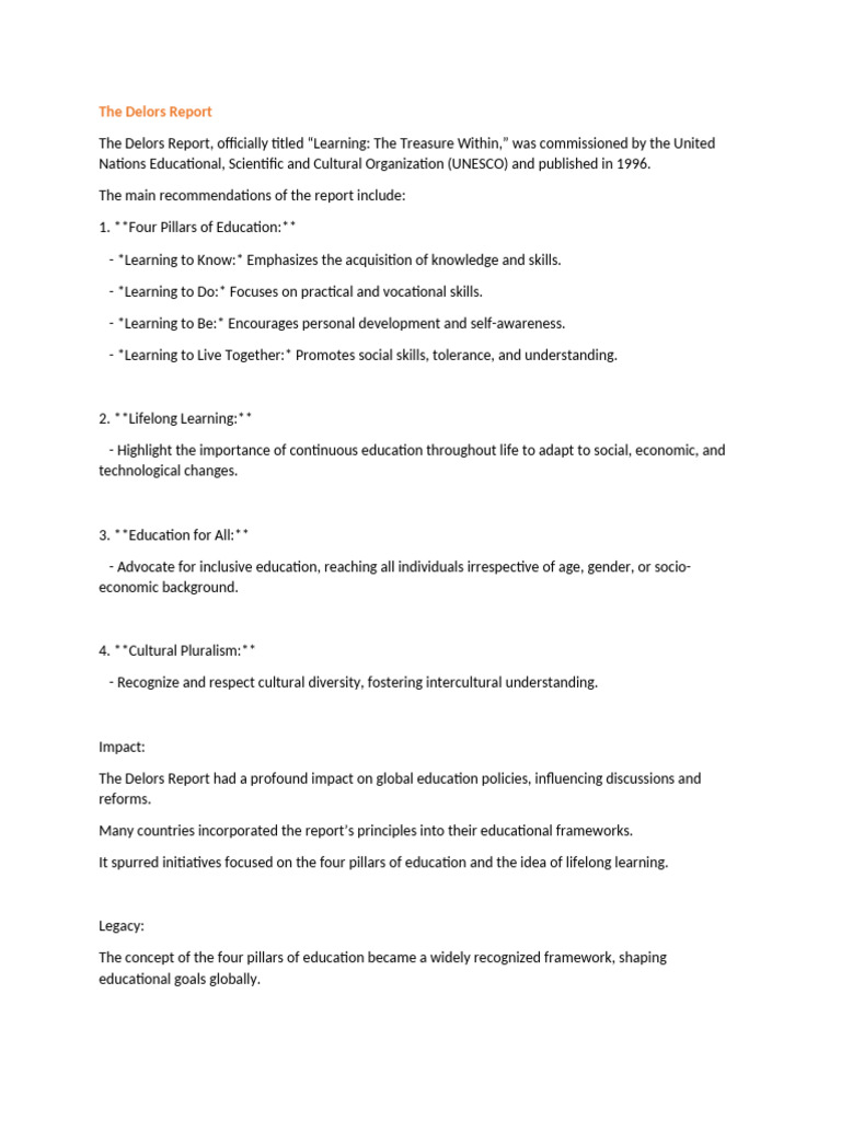 Delors Report: Four Pillars of Education | PDF
