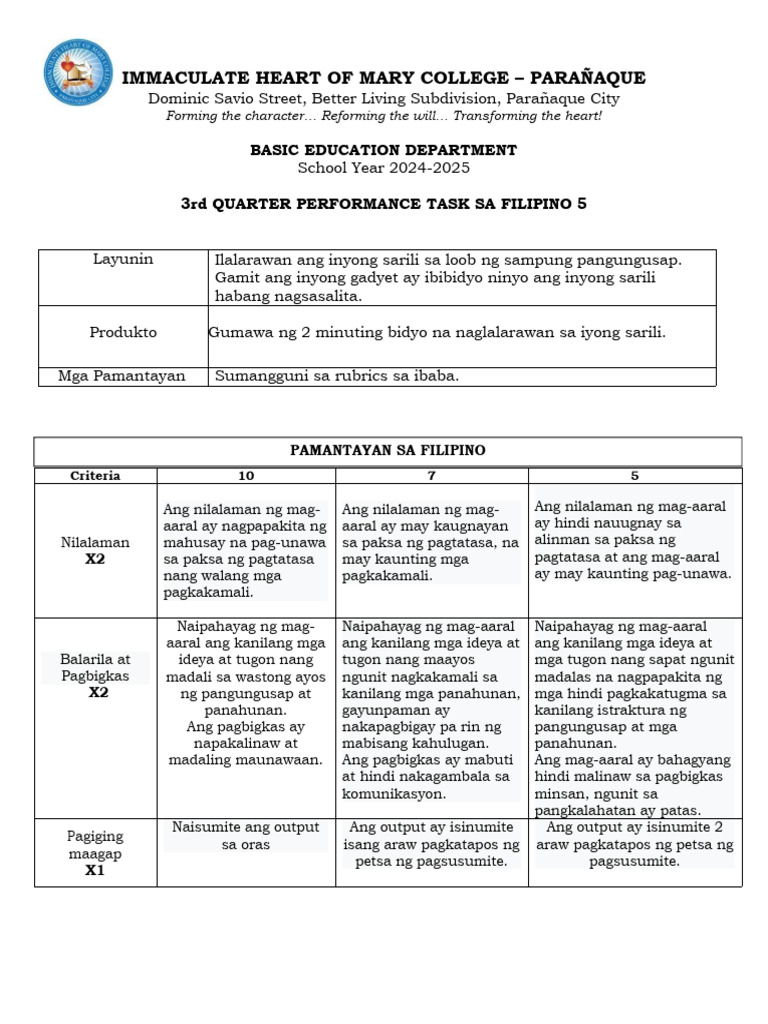 3rd Quarter Performance Task - FILIPINO 5 | PDF