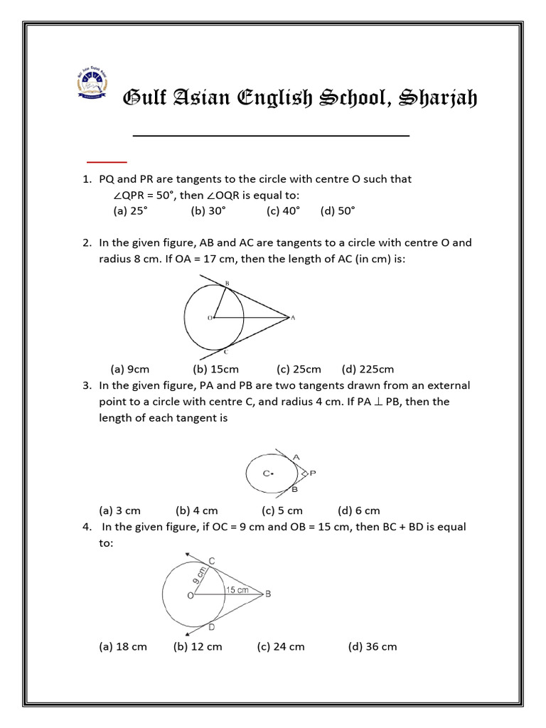 Grade 10 Circles Worksheet | PDF
