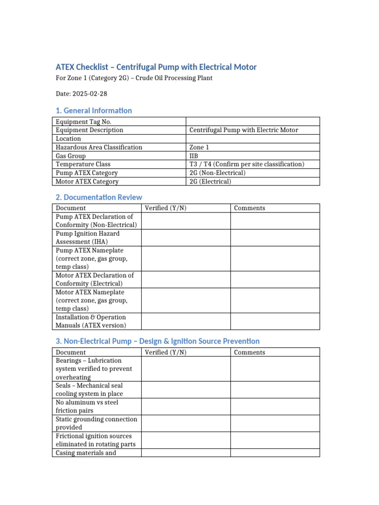 ATEX Checklist for Centrifugal Pump | PDF | Bearing (Mechanical) | Pump